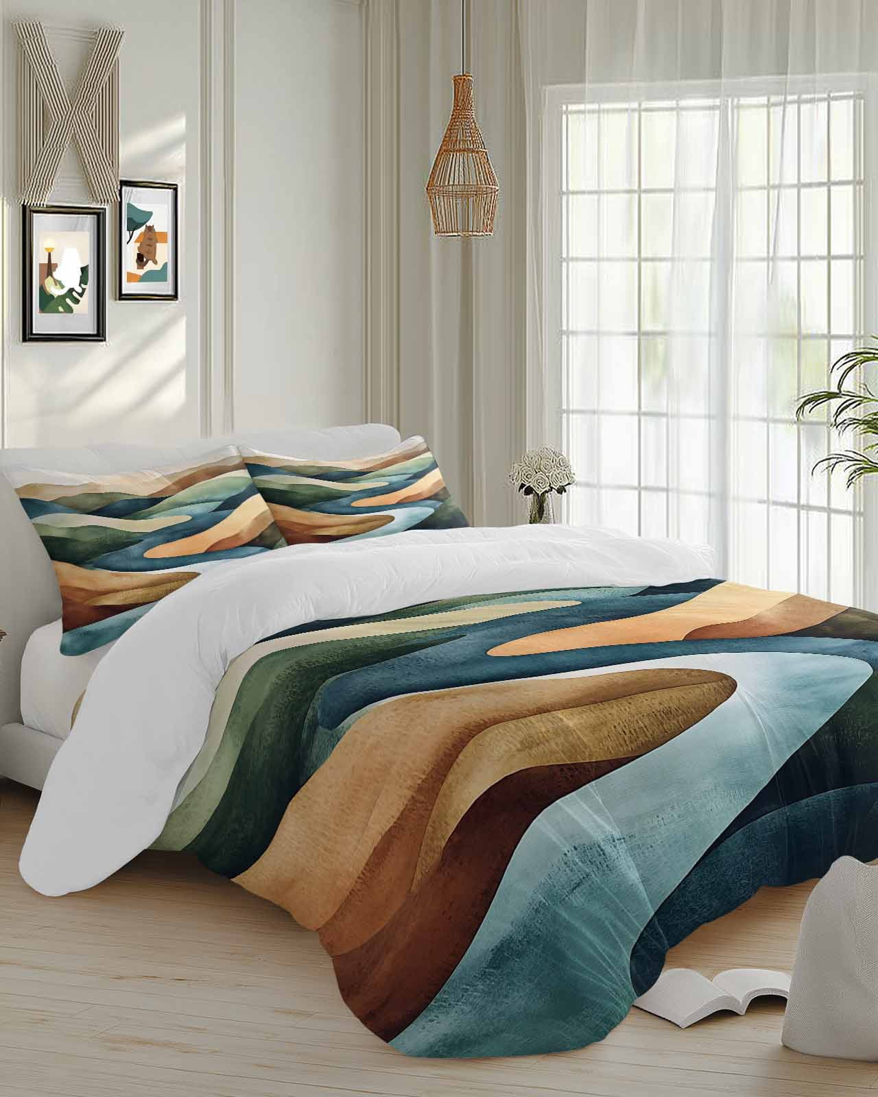 4 Piece Duvet Cover Set Queen, Watercolor Mountain River Landscape Soft ...