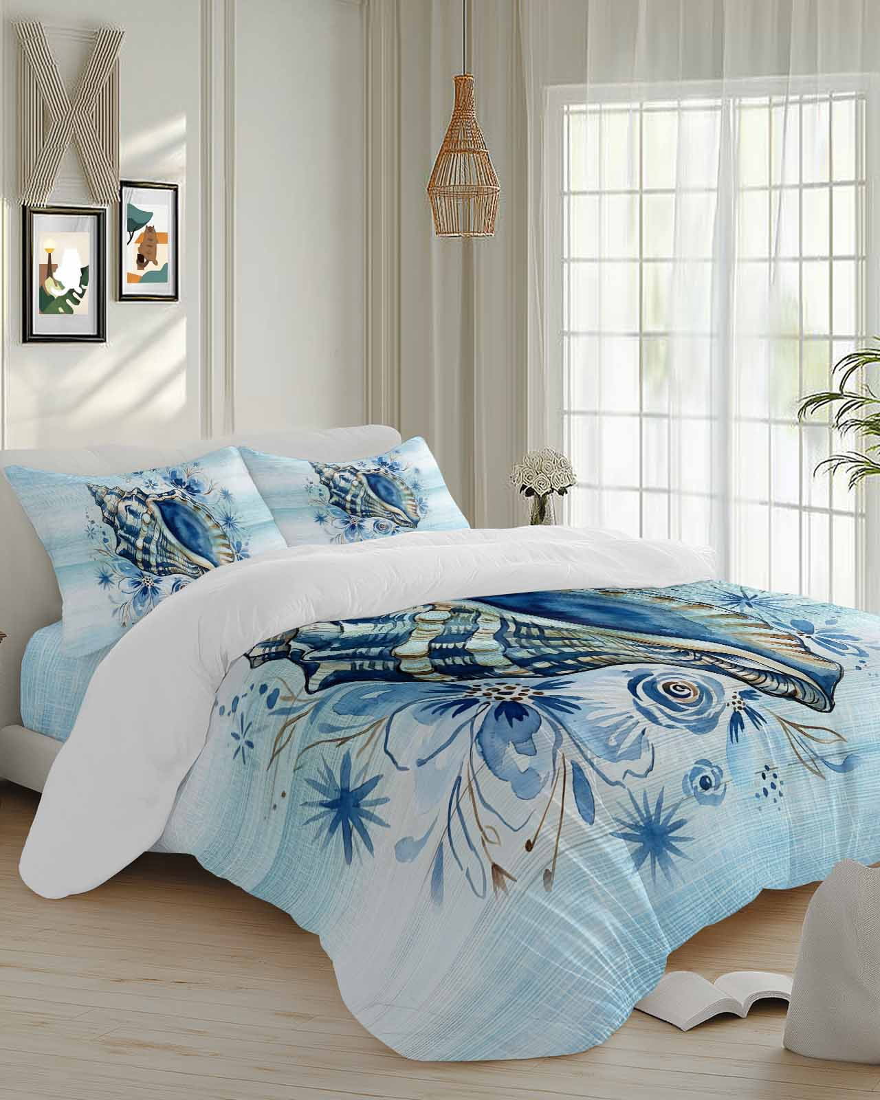 4 Piece Duvet Cover Set Queen, Watercolor Ocean Conch Flower Texture ...