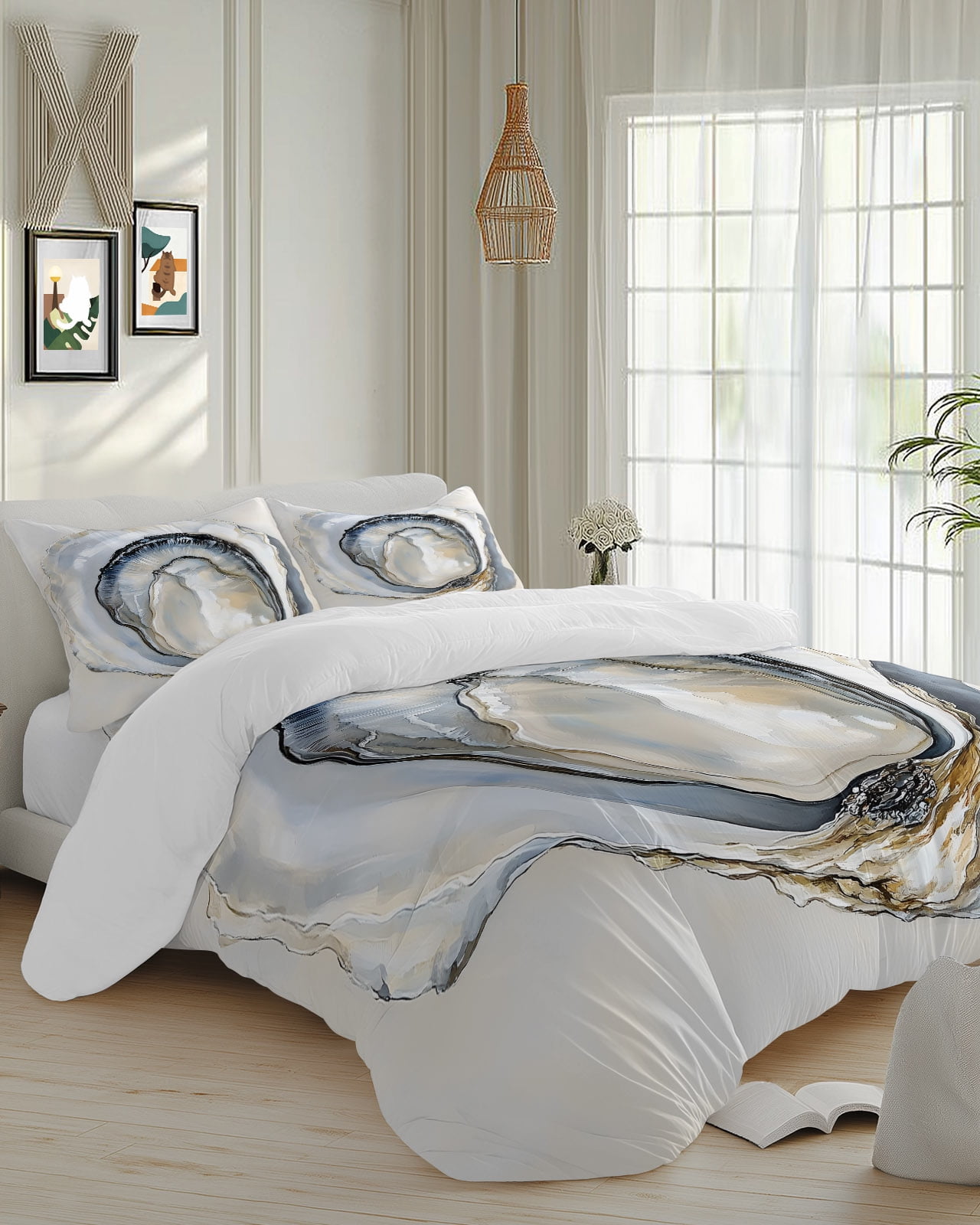 4 Piece Duvet Cover Set Queen, Watercolor Ocean Nautical Oyster Marine ...