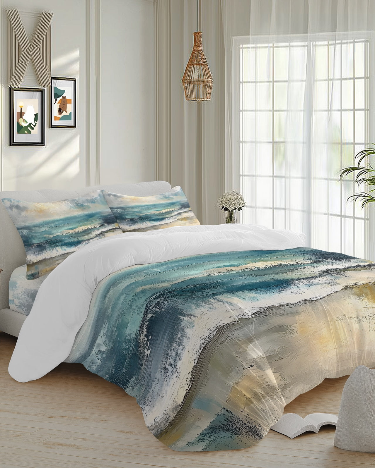 4 Piece Duvet Cover Set Queen, Watercolor Ocean Waves Beach Soft ...