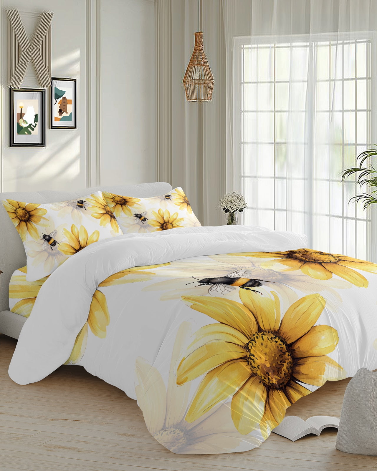 4 Piece Duvet Cover Set Queen, Watercolor Pastoral Yellow Daisy Bee ...