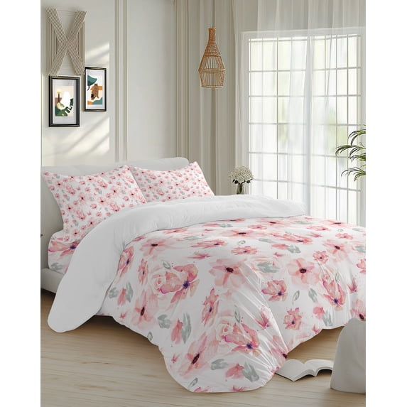4 Piece Duvet Cover Set Queen, Watercolor Pink Blossom Flower Soft ...