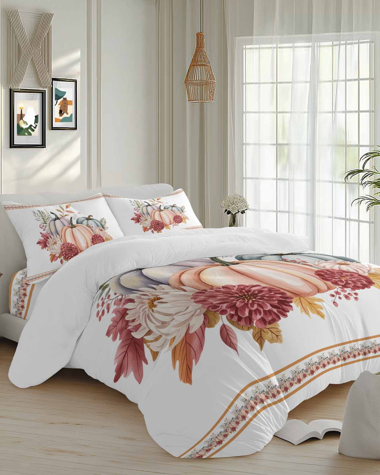 4 Piece Duvet Cover Set Queen, Watercolor Pumpkin Flower Leaves Soft ...