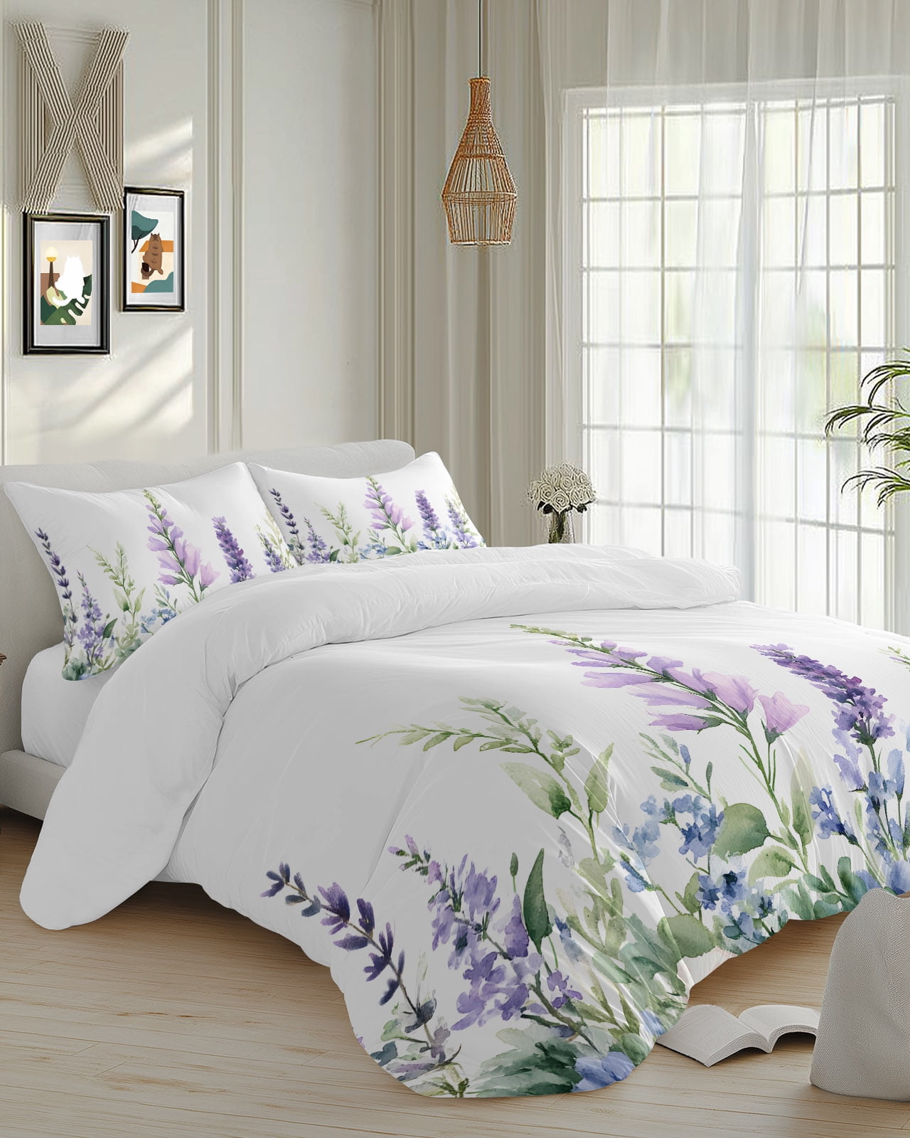4 Piece Duvet Cover Set Queen, Watercolor Spring Flower Lavender on ...