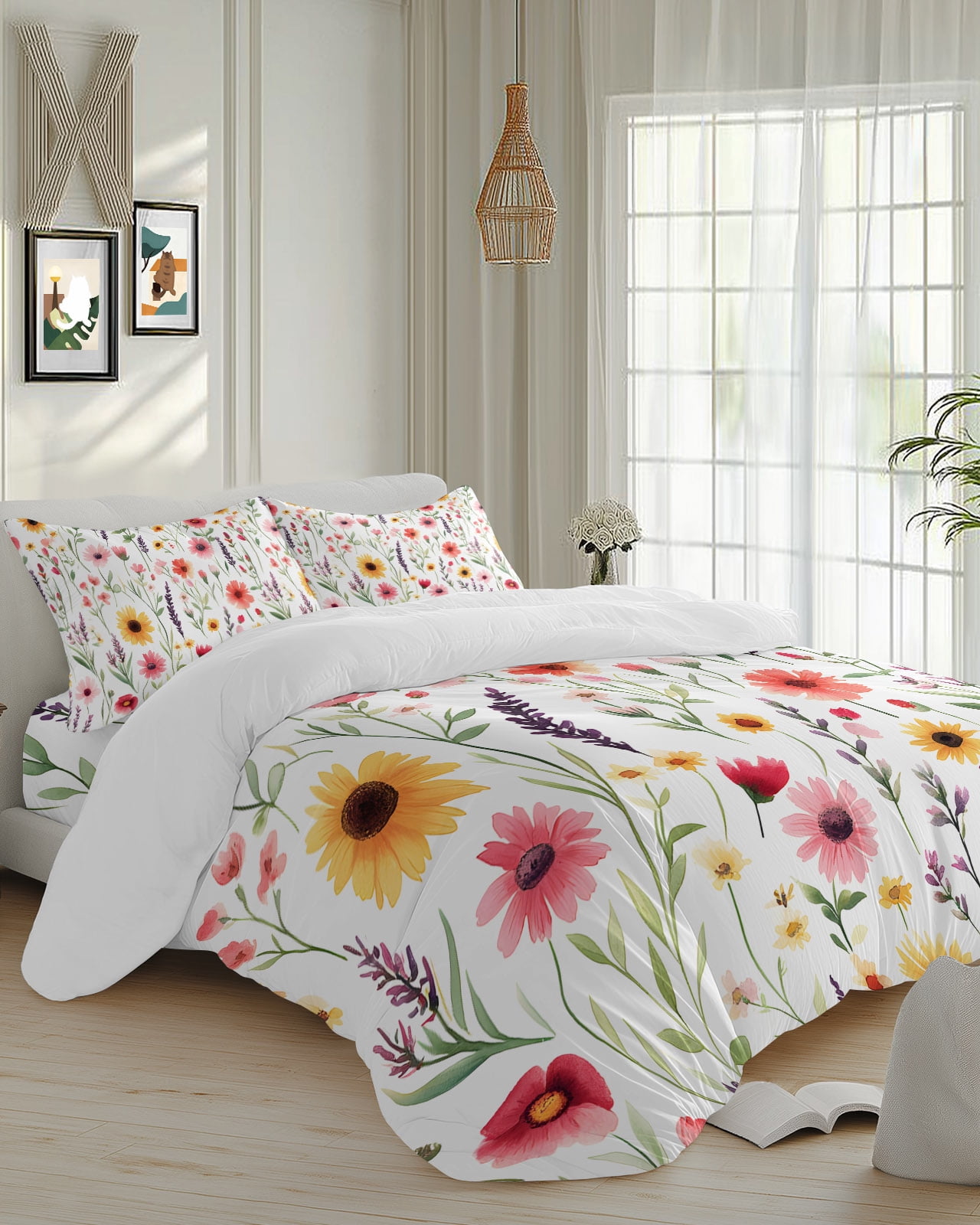 4 Piece Duvet Cover Set Queen, Watercolor Spring Flower Leaves on White ...