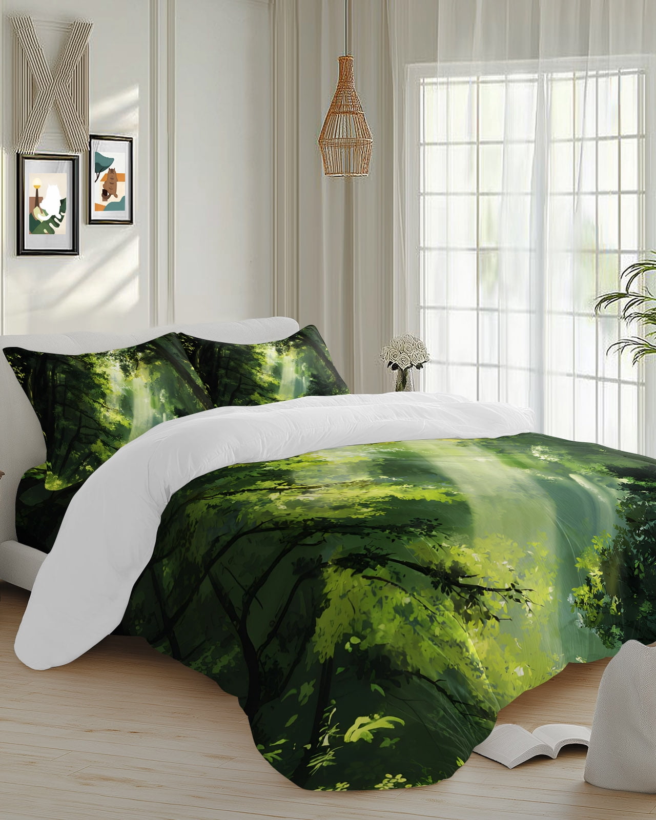 4 Piece Duvet Cover Set Queen, Watercolor Spring Green Leaves Forest ...