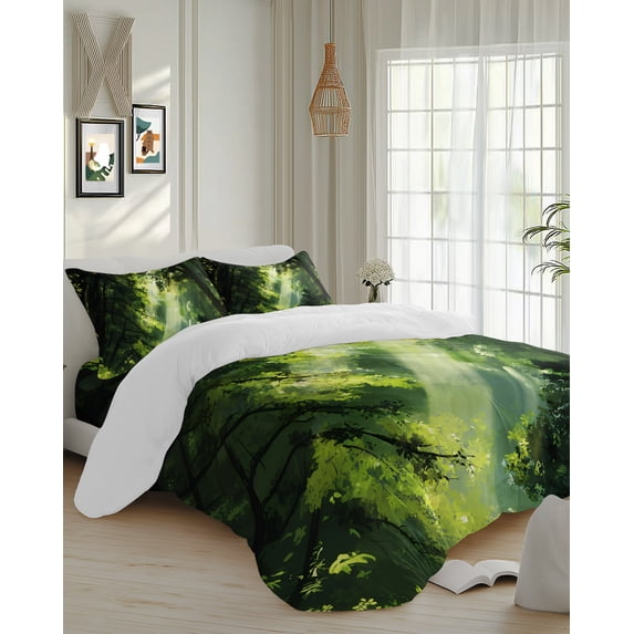 4 Piece Duvet Cover Set Queen, Watercolor Spring Green Leaves Forest ...