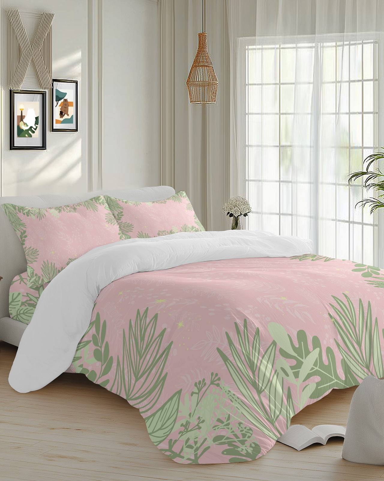 4 Piece Duvet Cover Set Queen, Watercolor Spring Green Leaves on Pink ...