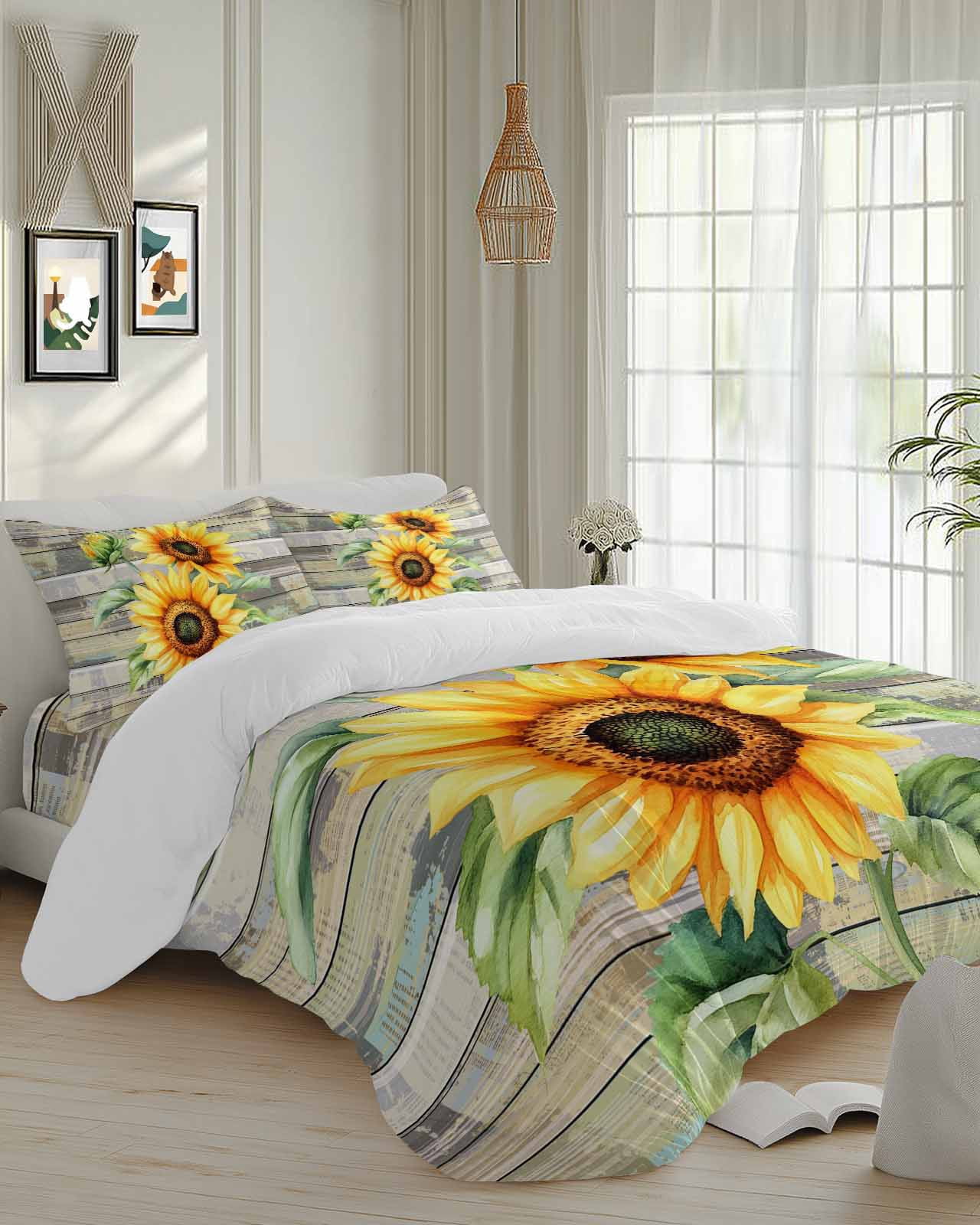 4 Piece Duvet Cover Set Queen, Watercolor Sunflower Green Leaves Soft ...