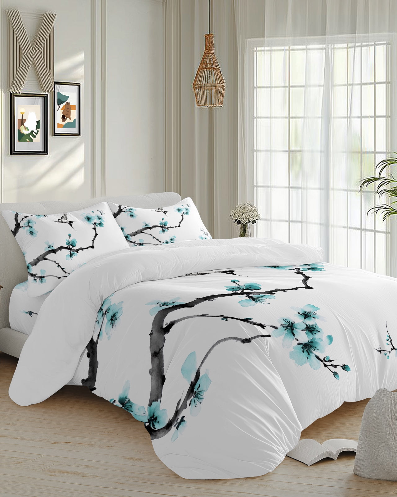 4 Piece Duvet Cover Set Queen, Watercolor Teal Cherry Blossoms Soft ...