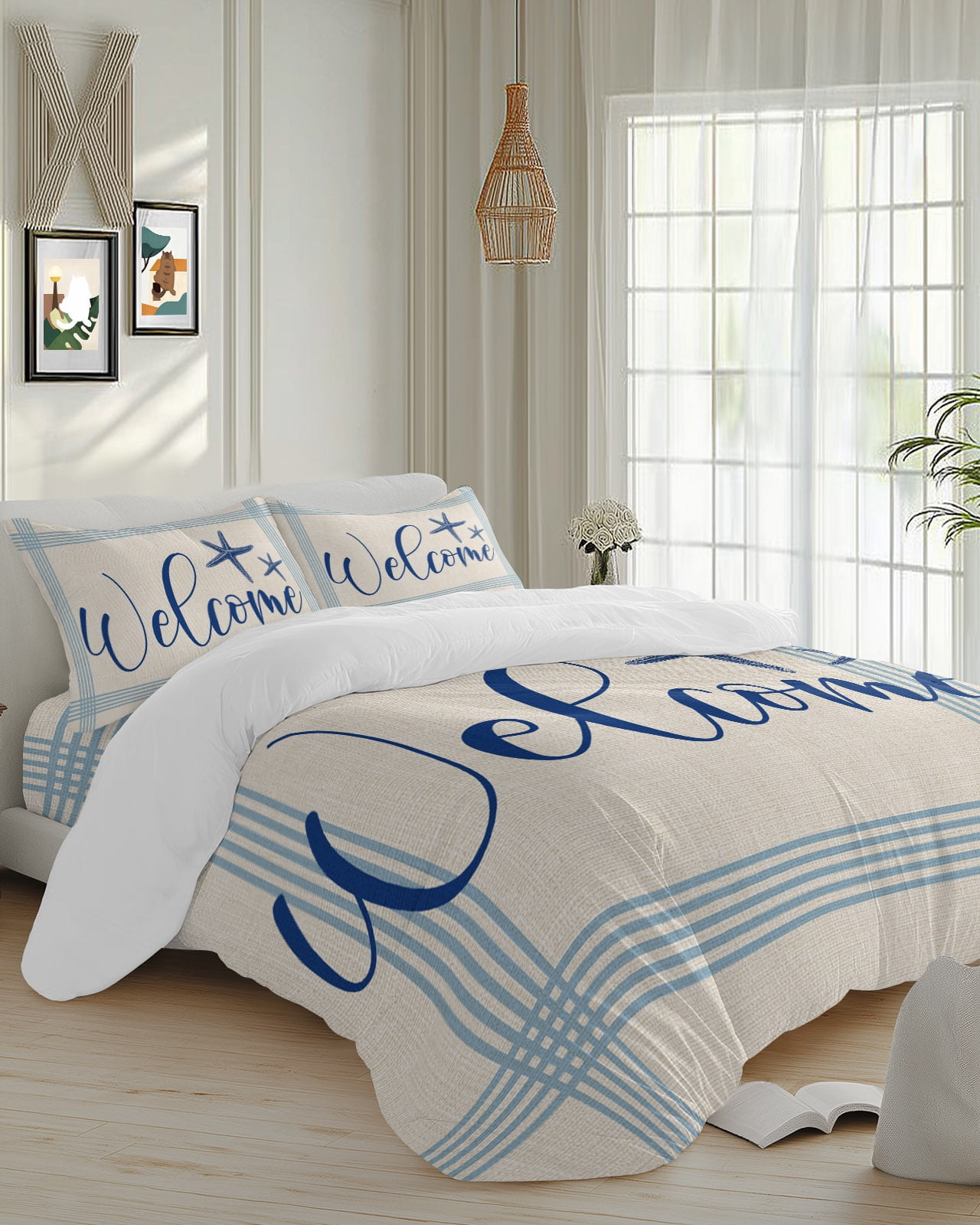 4 Piece Duvet Cover Set Queen, Welcome Word on Stripe Soft Breathable ...