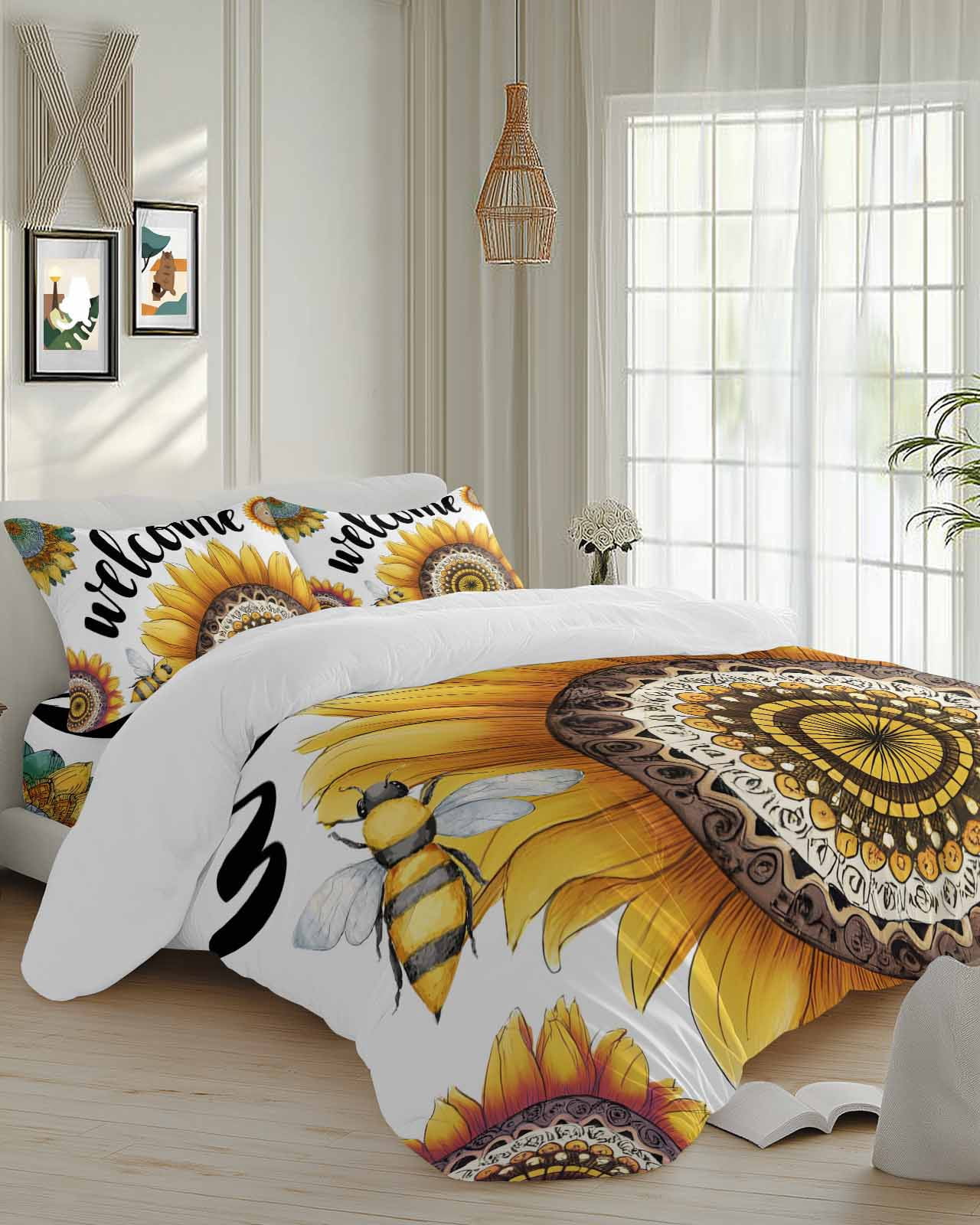 4 Piece Duvet Cover Set Queen, Welcome Words Sunflowers Bee Soft ...
