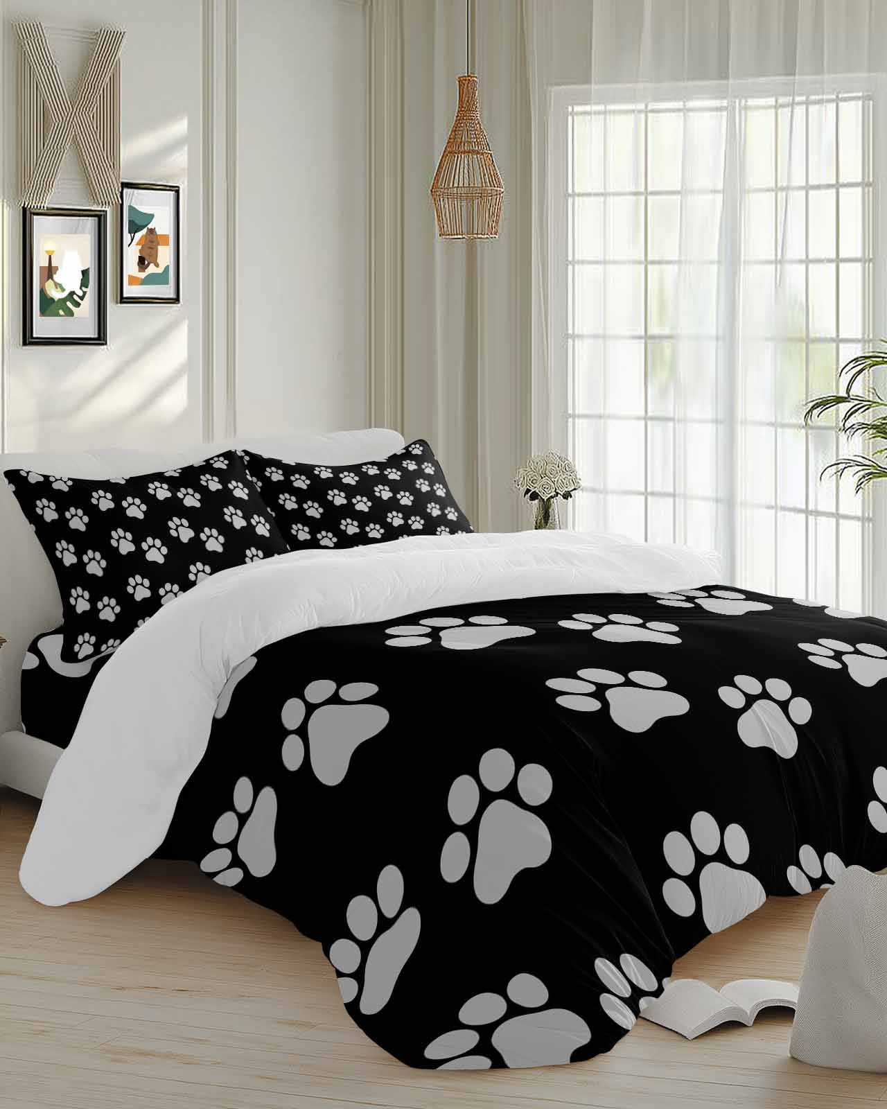 4 Piece Duvet Cover Set Queen, White Animals Footprints Soft Breathable ...
