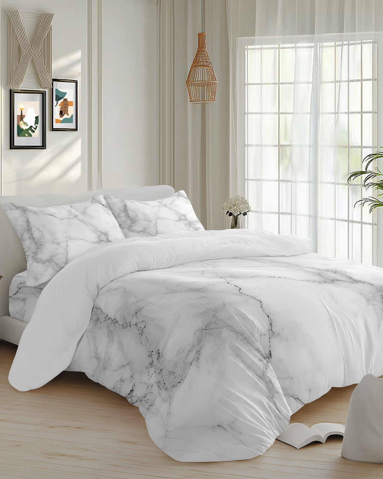 4 Piece Duvet Cover Set Queen, White Gray Modern Marble Texture Soft ...