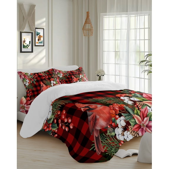4 Piece Duvet Cover Set Queen, Winter Canary Poinsettia Berry Soft ...