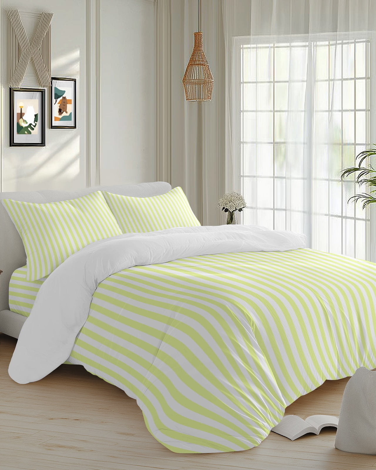 4 Piece Duvet Cover Set Queen, Yellow Geometric Stripe Texture Soft ...