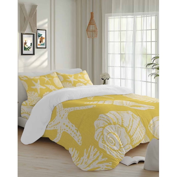 4 Piece Duvet Cover Set Queen, Yellow Ocean Starfish Shells Soft ...