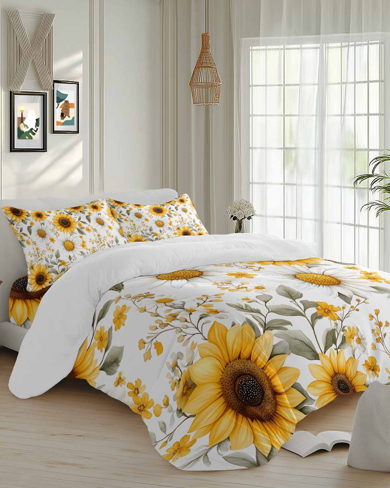 4 Piece Duvet Cover Set Queen, Yellow Sunflower Spring Blossom Floral ...