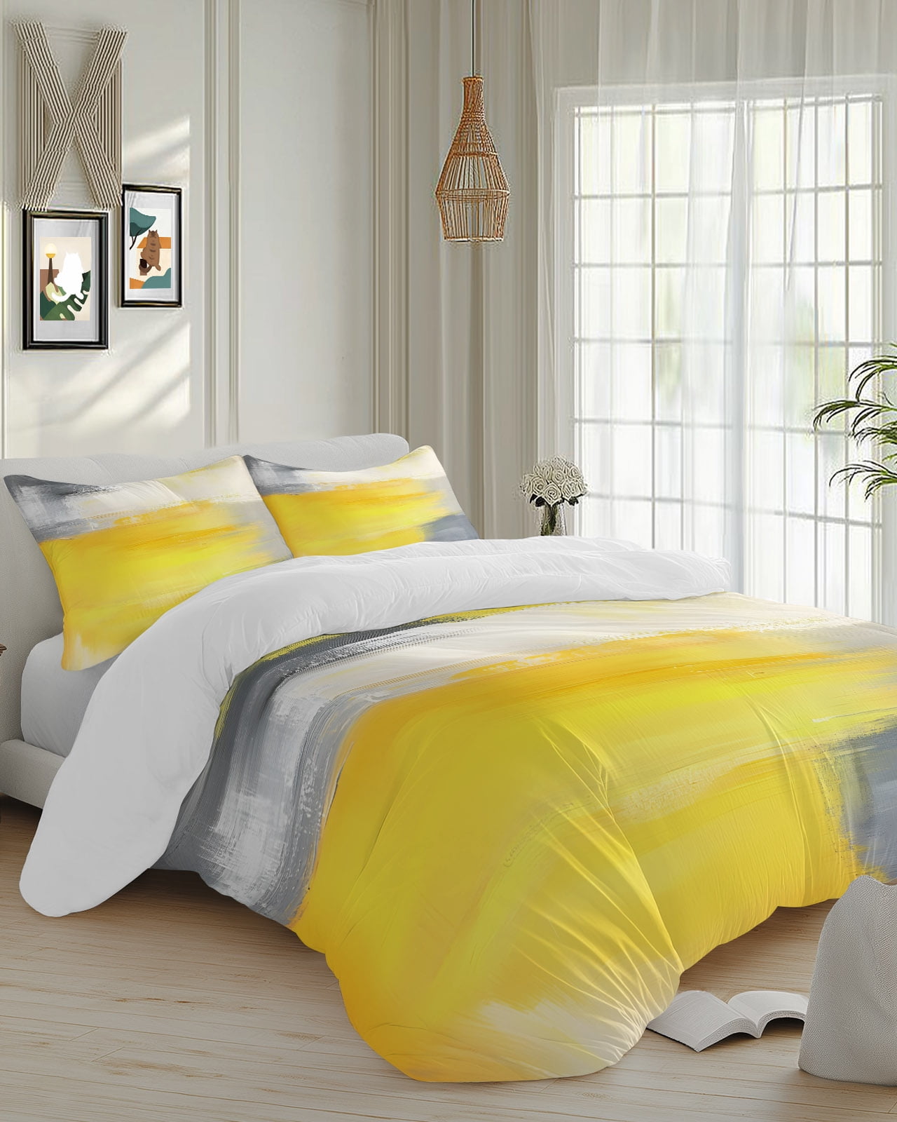4 Piece Duvet Cover Set Queen, Yellow Watercolor Oil Painting Style ...