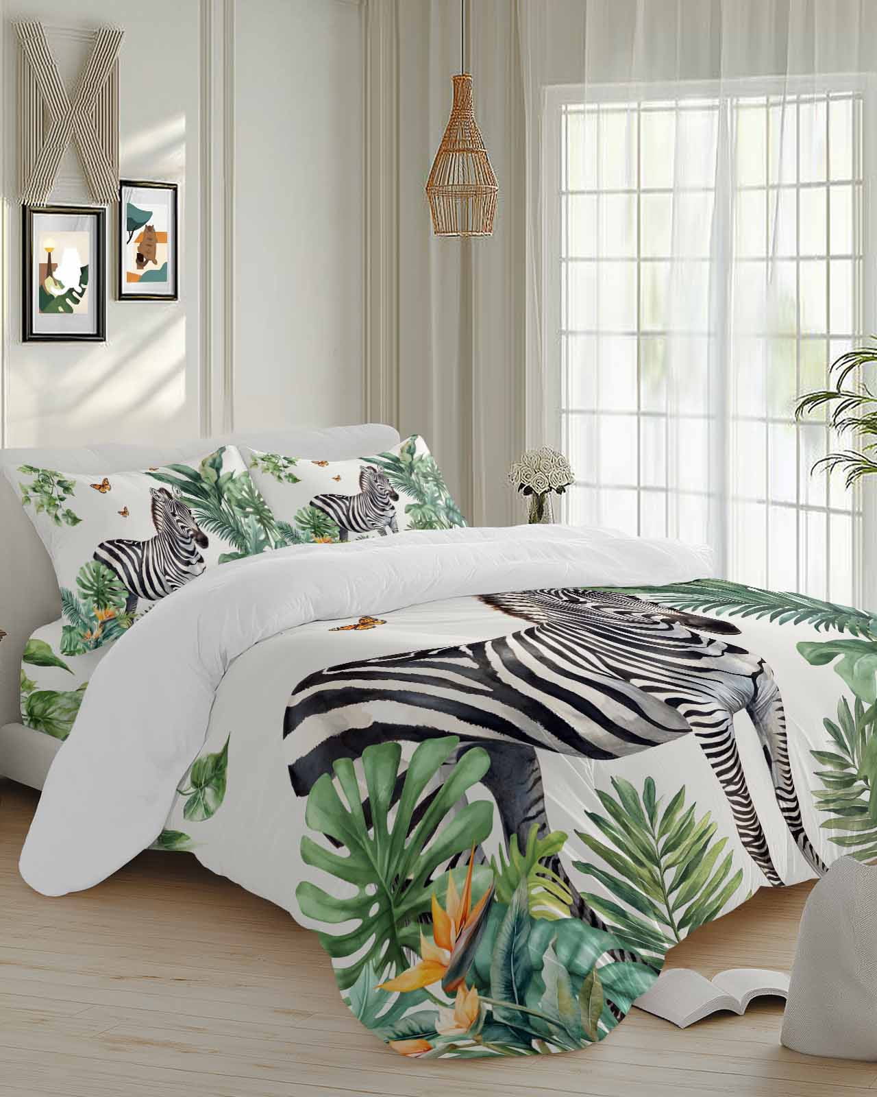 4 Piece Duvet Cover Set Queen, Zebra Tropical Leaves Jungle Soft ...