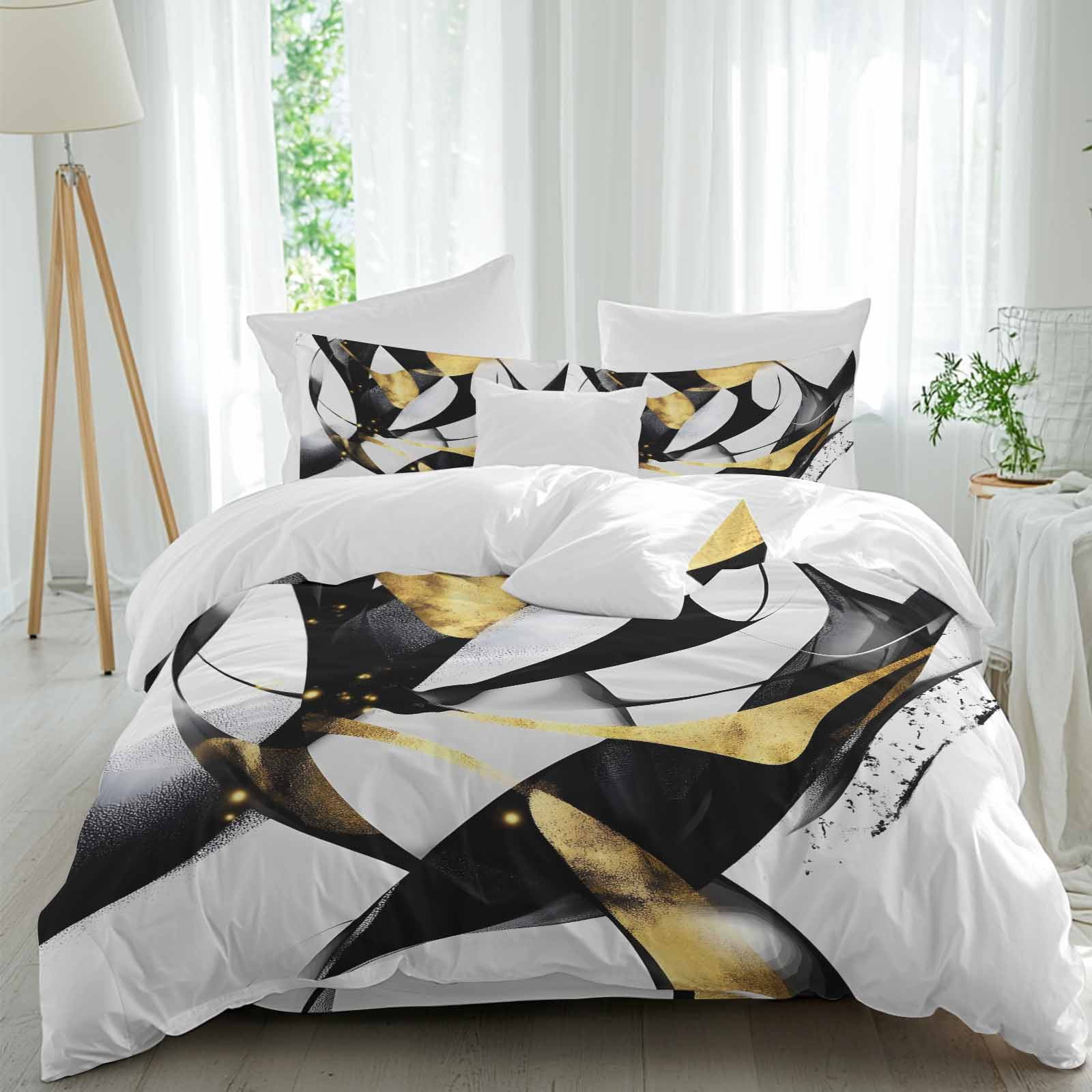 4 Piece Duvet Cover Set Twin, Abstract Black Gold White Lines Art Soft ...