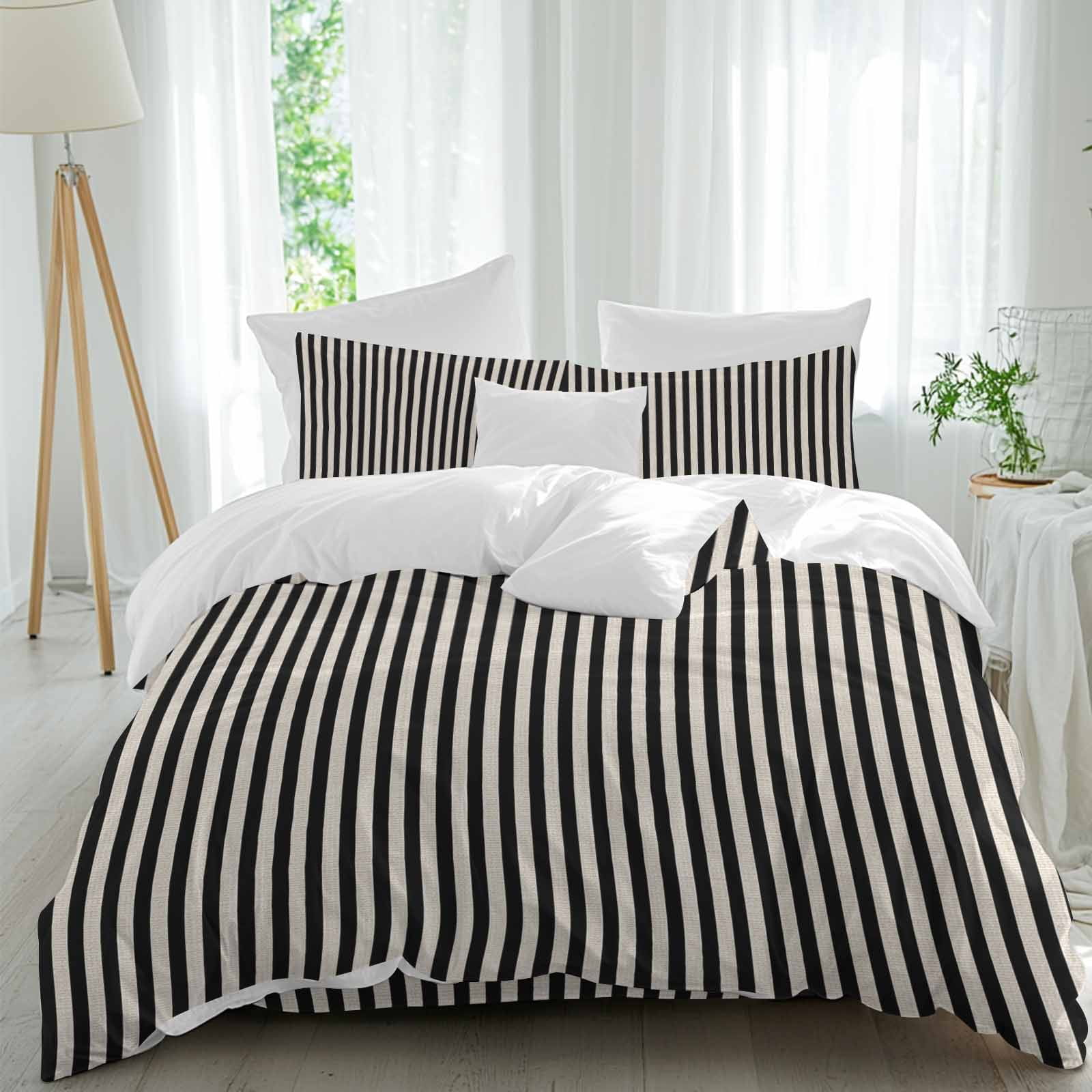 4 Piece Duvet Cover Set Twin, Abstract Black Vertical Stripes on Beige ...