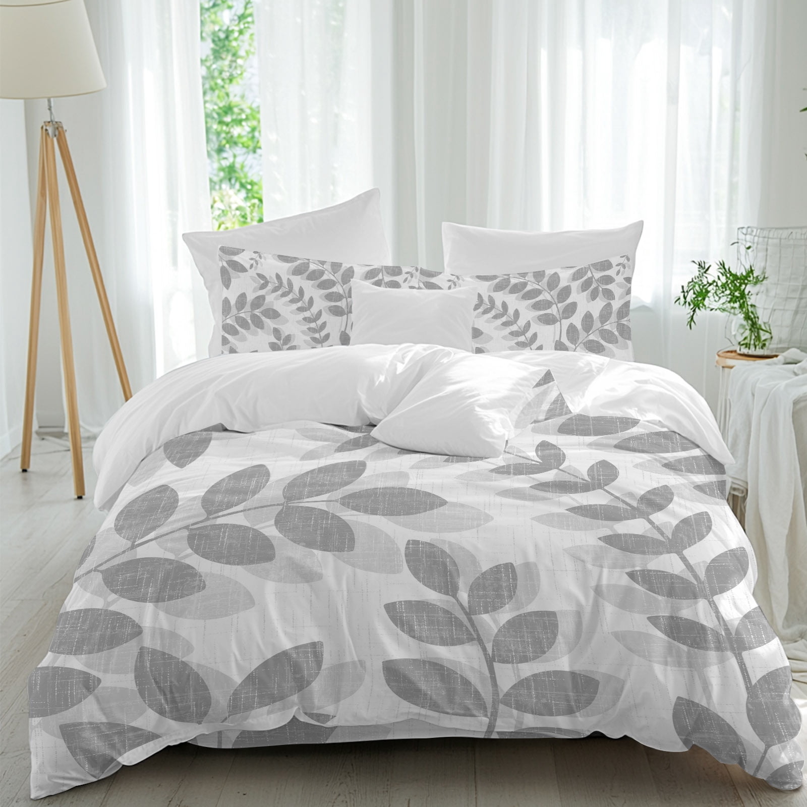 4 Piece Duvet Cover Set Twin, Abstract Gray Leaves Silhouette Soft ...