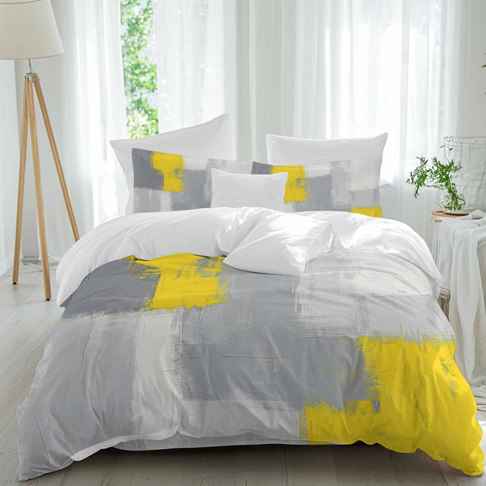 4 Piece Duvet Cover Set Twin, Abstract Gray Yellow Soft Breathable ...