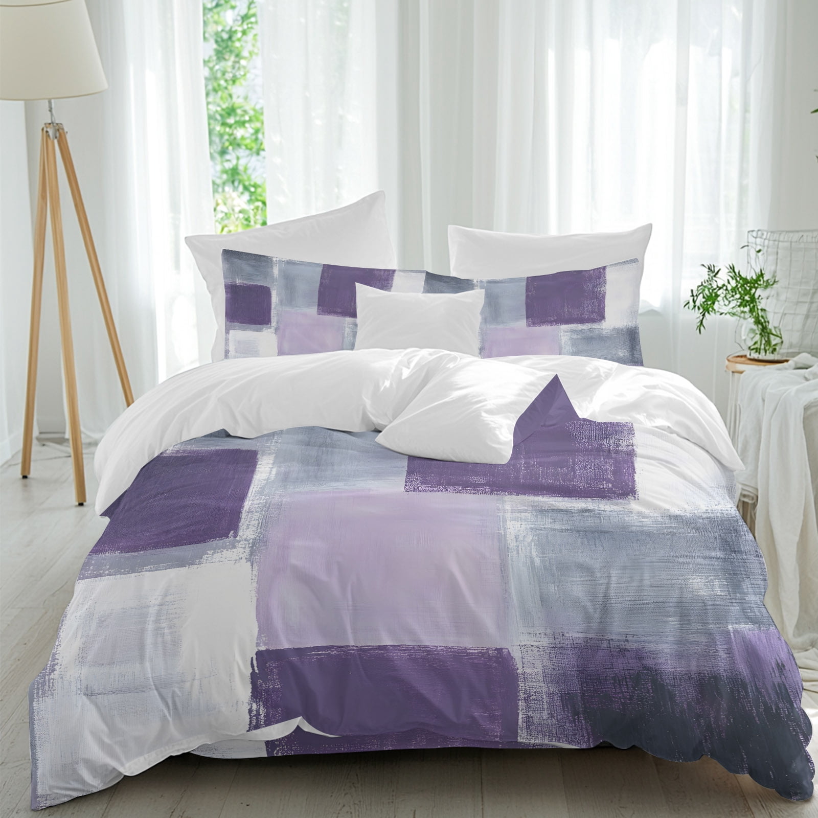 4 Piece Duvet Cover Set Twin, Abstract Purple Gray White Square ...