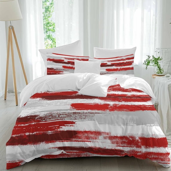 4 Piece Duvet Cover Set Twin, Abstract Red Grey Striped Soft Breathable ...