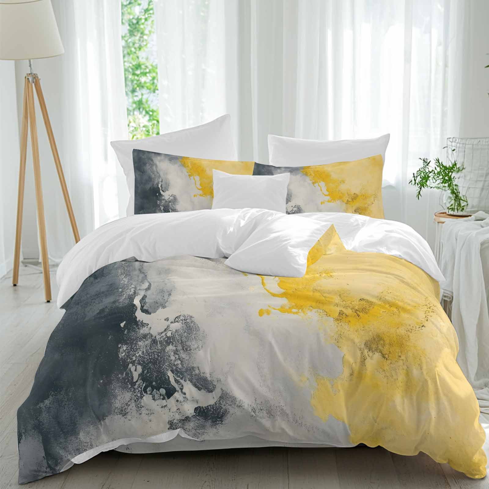 4 Piece Duvet Cover Set Twin, Abstract Yellow Beige Black Ombre Soft ...