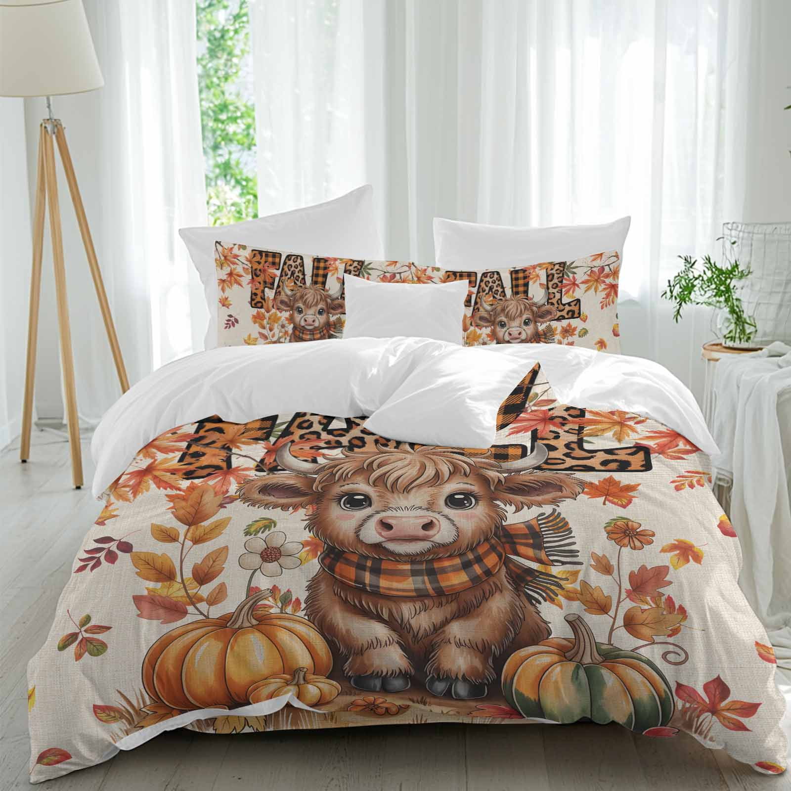 4 Piece Duvet Cover Set Twin, Autumn Cattle Pumpkin Maple Leaf Soft ...