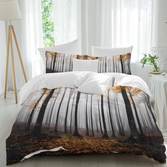 4 Piece Duvet Cover Set Twin, Autumn Nature Misty Forest Soft ...