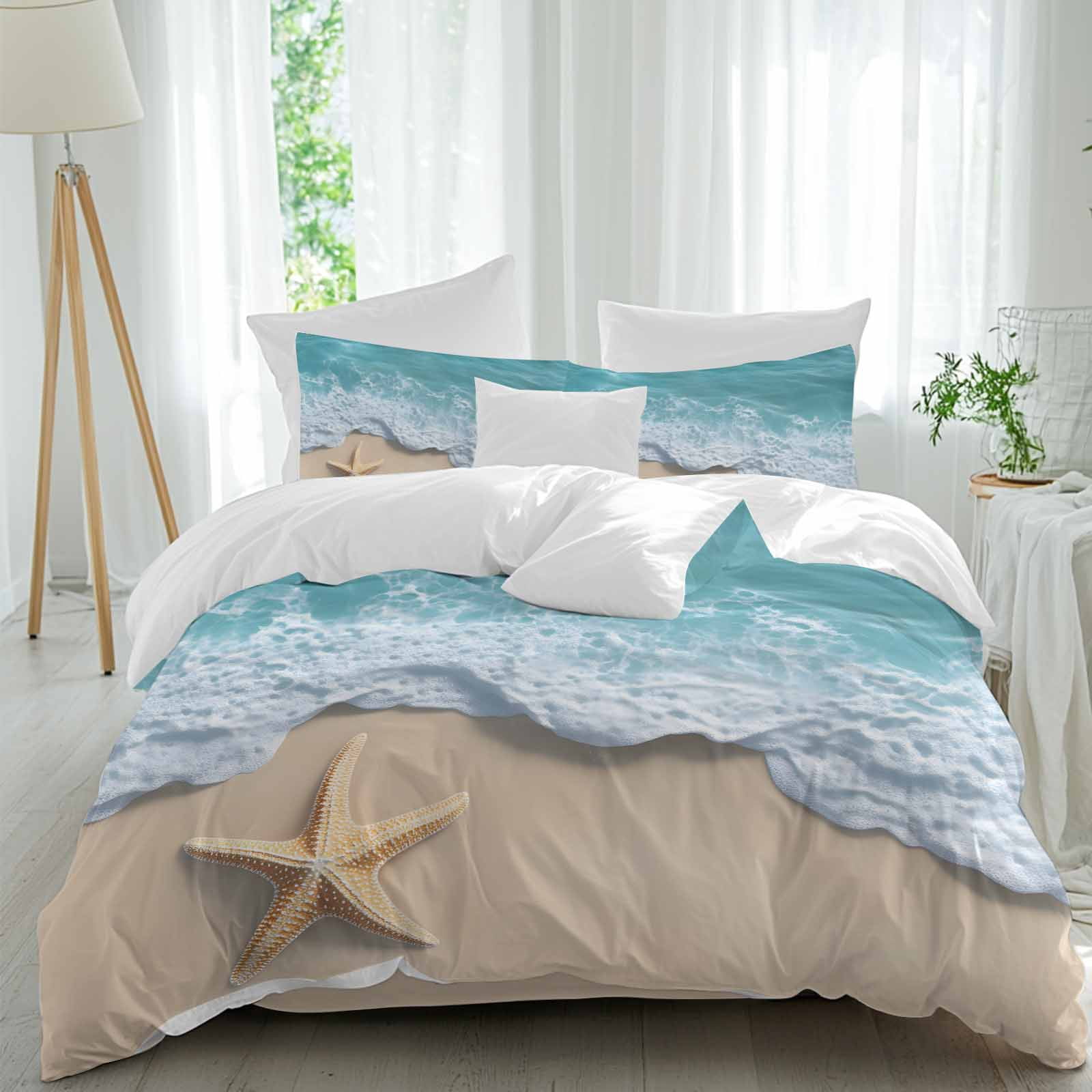 4 Piece Duvet Cover Set Twin, Beach Starfish Teal Sea Water Soft ...