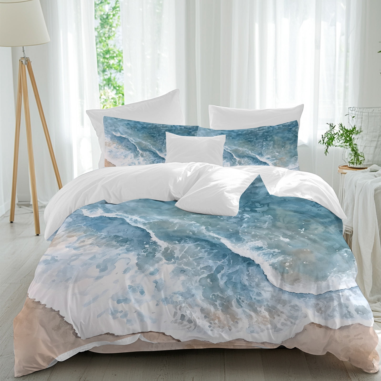 4 Piece Duvet Cover Set Twin, Beach Waves Blue Ocean Soft Breathable ...