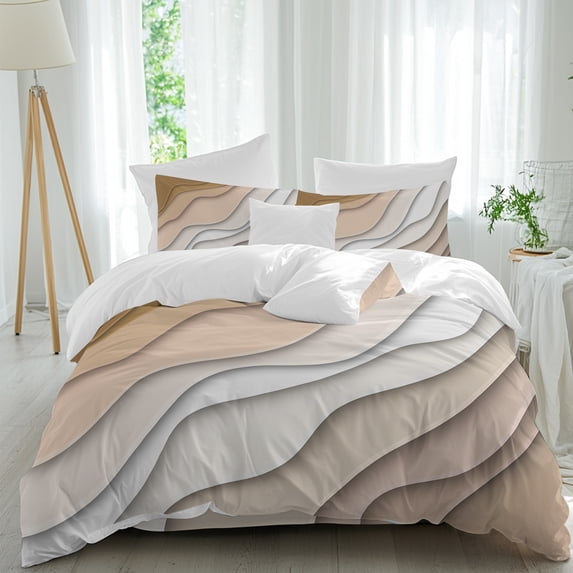 4 Piece Duvet Cover Set Twin, Beige Brown Gradient Wave Ripple Soft ...