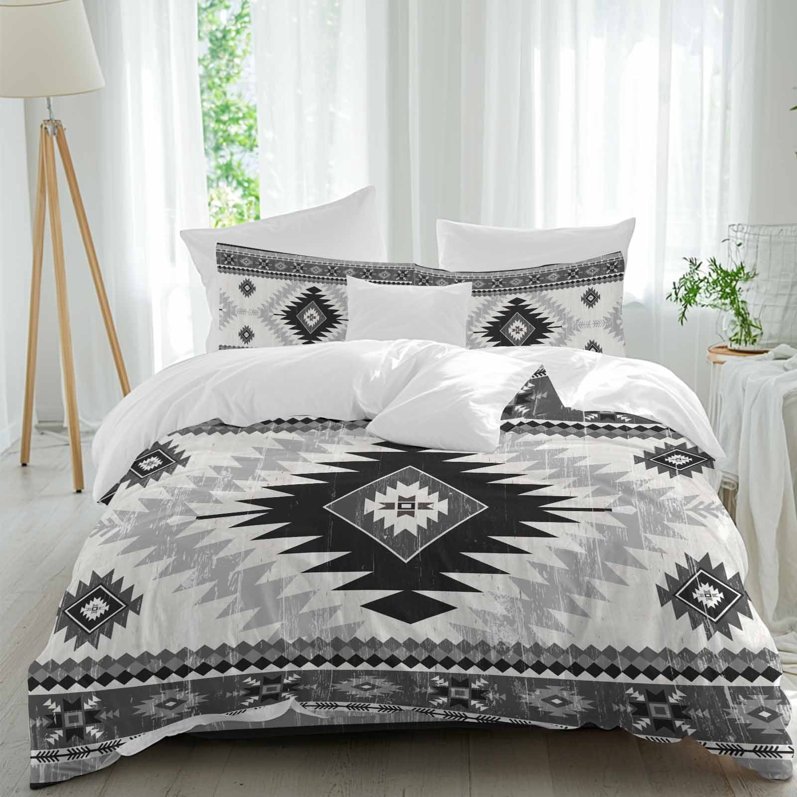 4 Piece Duvet Cover Set Twin, Black Grey Aztec Bohemian Soft Breathable ...