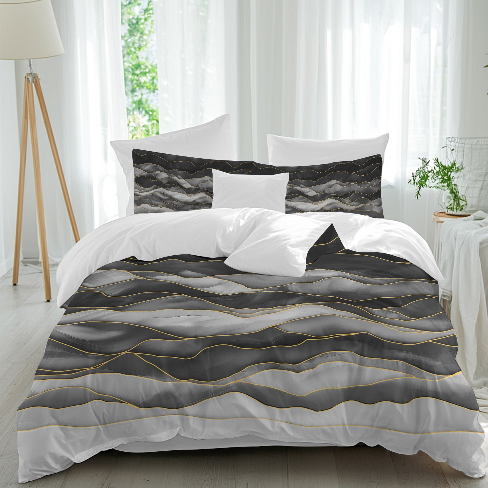 4 Piece Duvet Cover Set Twin, Black Grey Color Gradient Art Soft ...