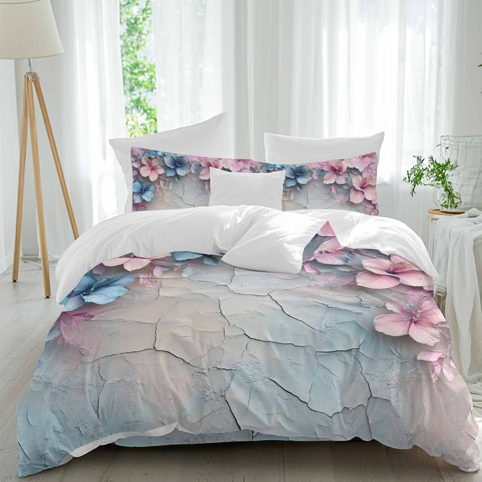 4 Piece Duvet Cover Set Twin, Blossom Flower Retro Mottled Wall Soft ...