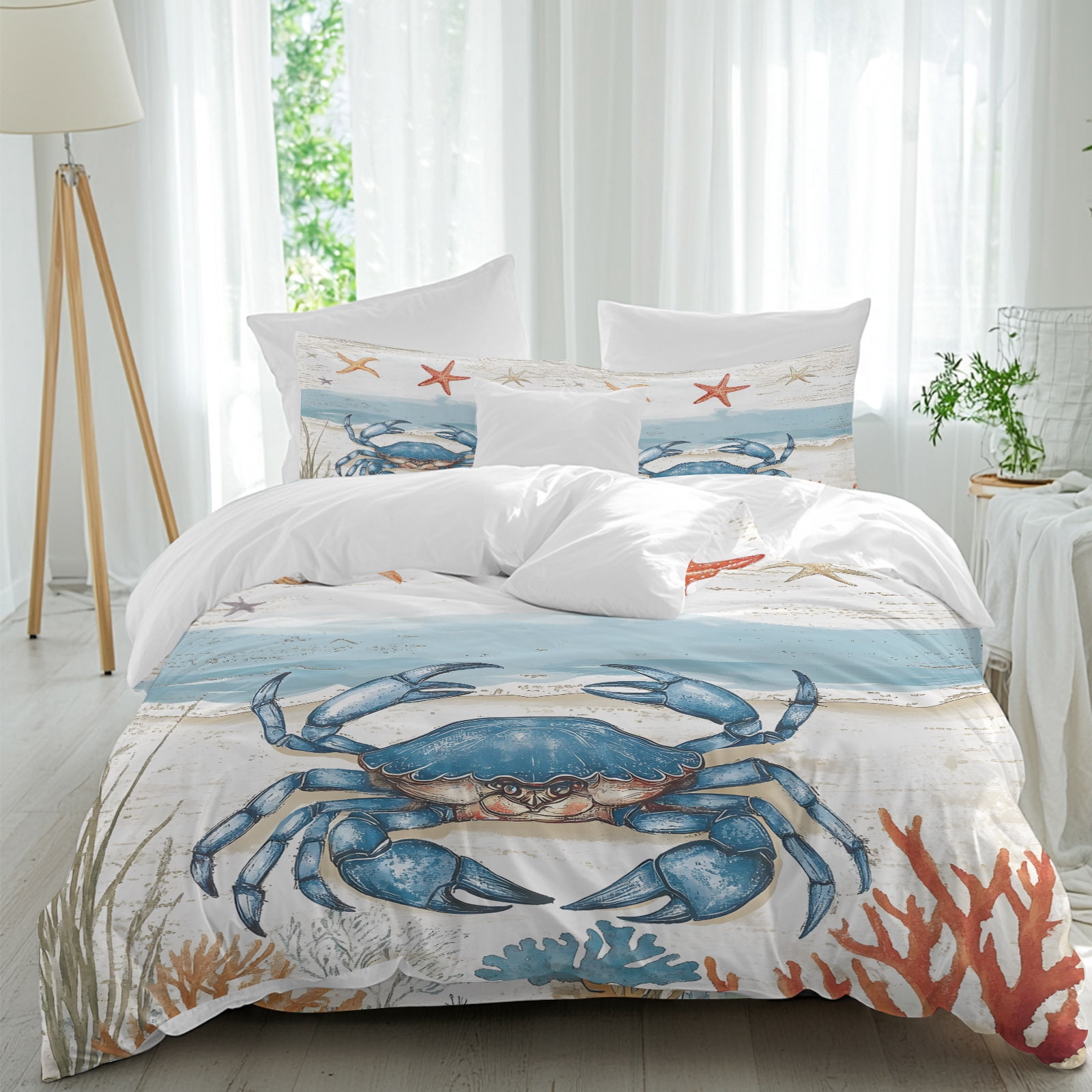 4 Piece Duvet Cover Set Twin, Blue Crab Red Starfish Corals Soft ...