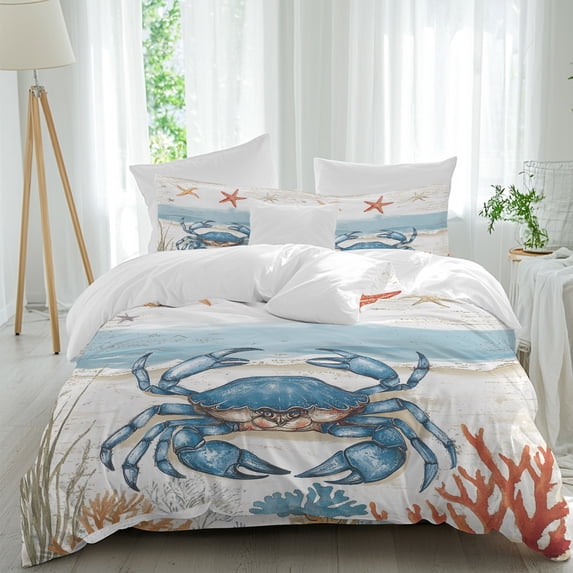 4 Piece Duvet Cover Set Twin, Blue Crab Red Starfish Corals Soft ...