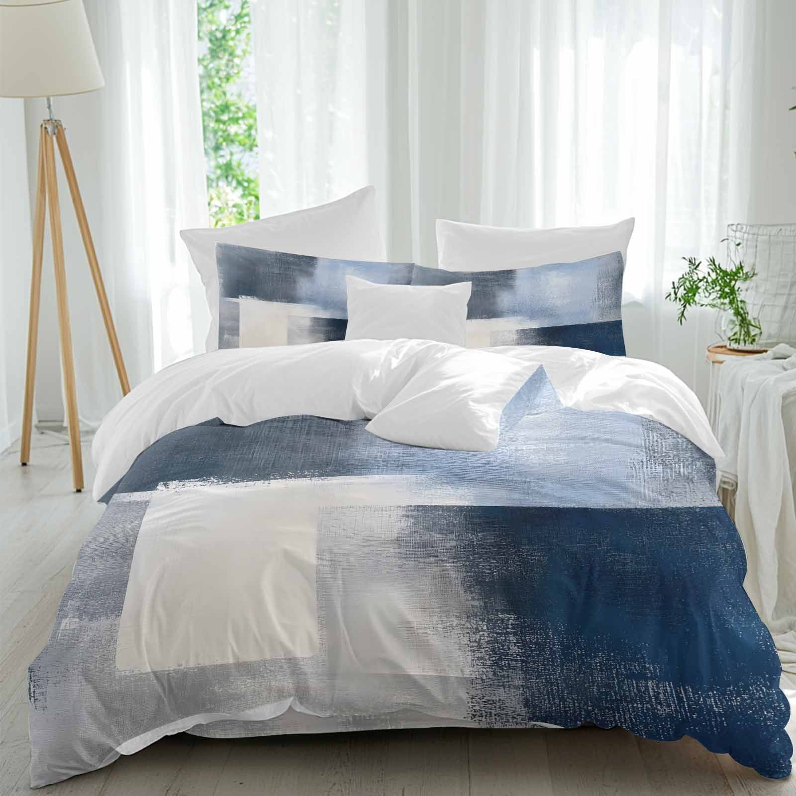 4 Piece Duvet Cover Set Twin, Blue Gradient Color Block Soft Breathable ...