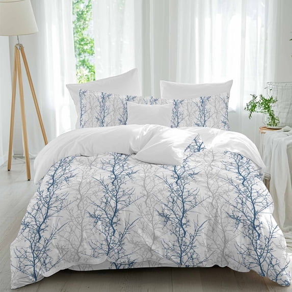 4 Piece Duvet Cover Set Twin, Blue Gray Tree Branch on White Soft ...