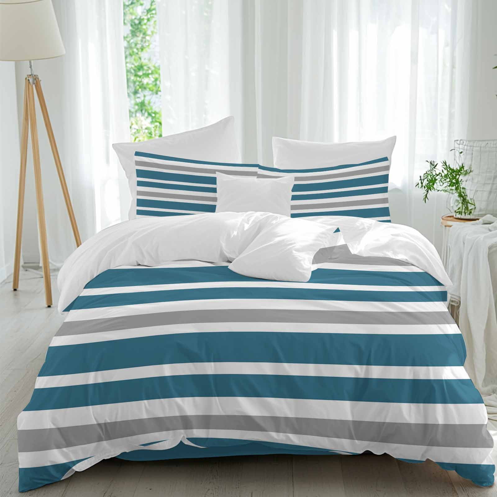 4 Piece Duvet Cover Set Twin, Blue Gray and White Stripe Soft ...