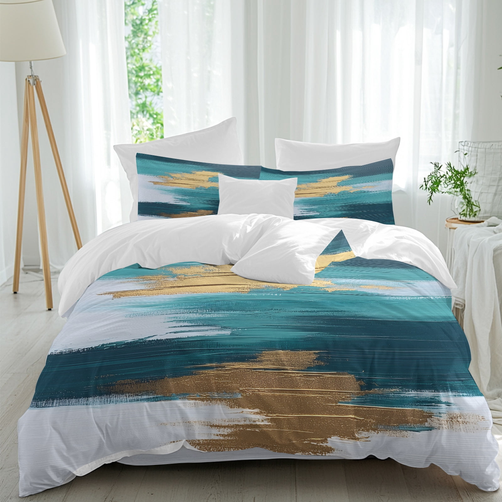 4 Piece Duvet Cover Set Twin, Blue Green Gradient Gold Foil Soft ...