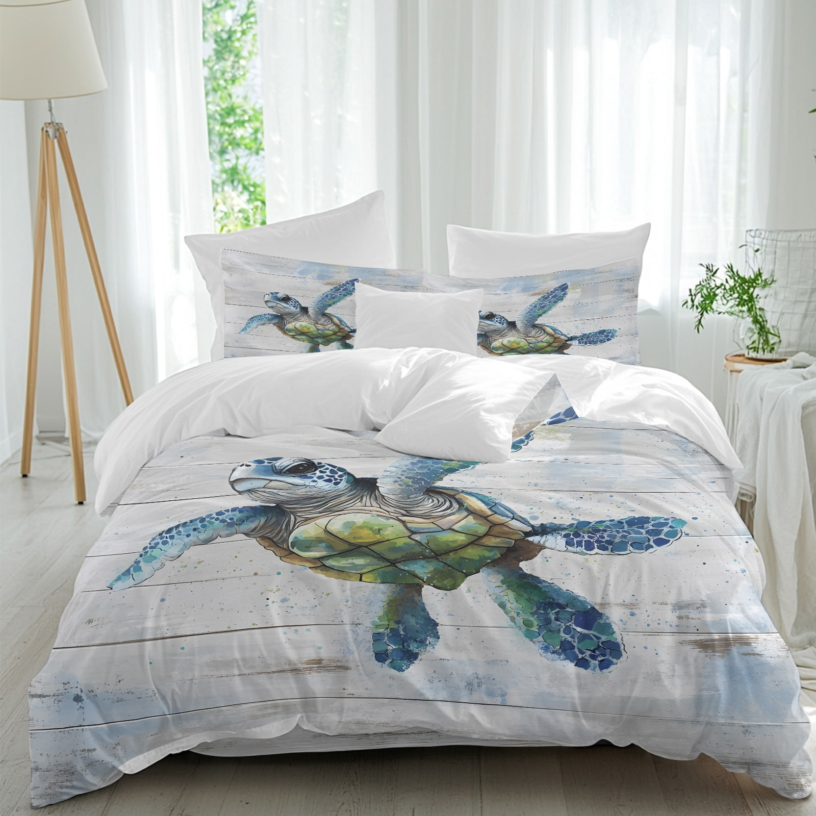 4 Piece Duvet Cover Set Twin, Blue Sea Turtle on Vintage Wood Grain ...