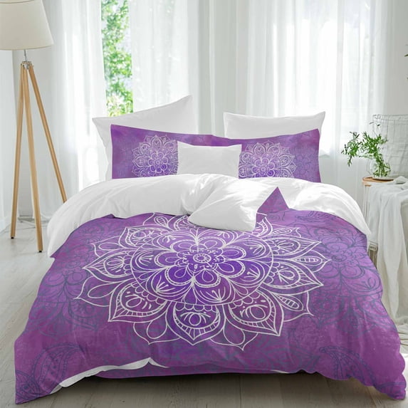 4 Piece Duvet Cover Set Twin, Bohemia Floral Watercolor Purple Soft ...