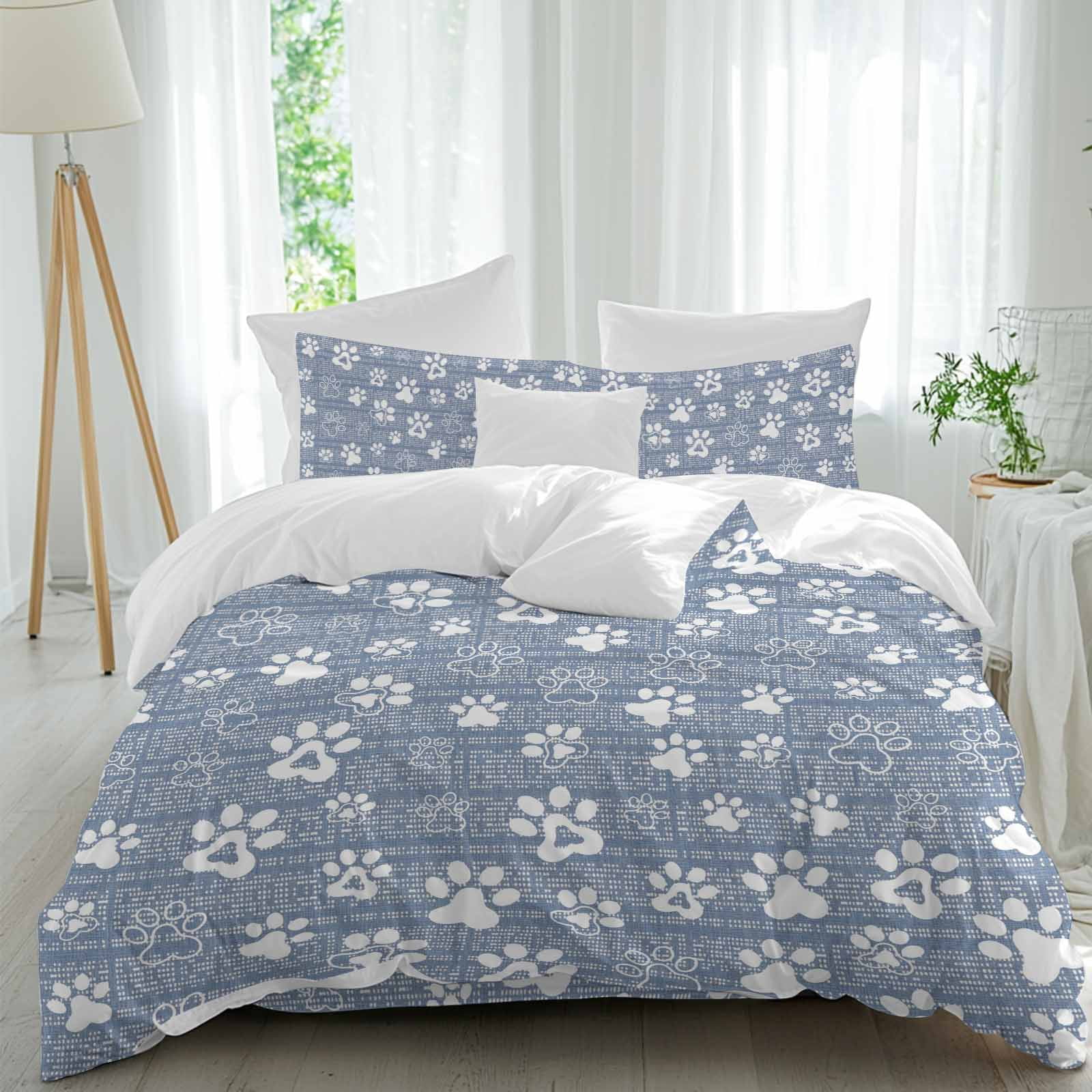 4 Piece Duvet Cover Set Twin, Cartoon Dog Paw on Blue Soft Breathable ...