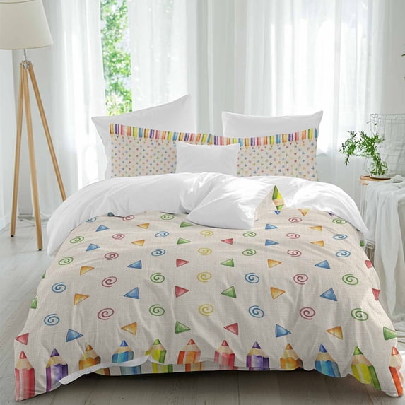 4 Piece Duvet Cover Set Twin, Childlike Colored Pencils Burlap Soft ...