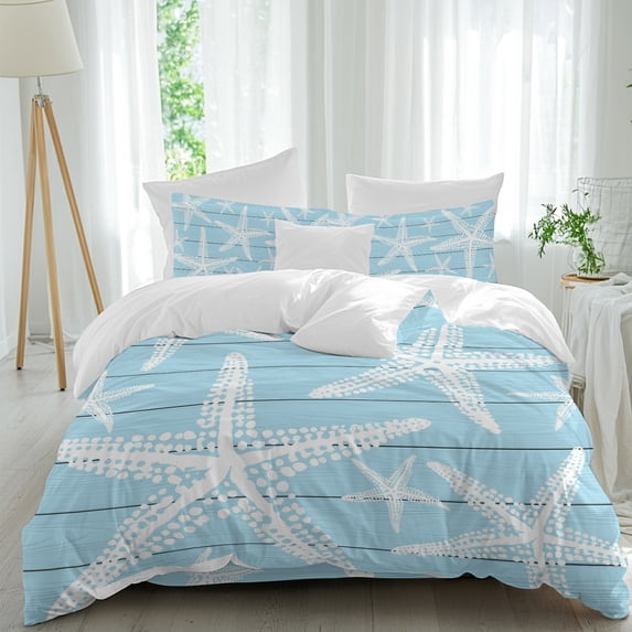 4 Piece Duvet Cover Set Twin, Coastal Marine Starfish Blue Wood Soft ...